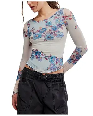 Free People Lilly Printed Long Sleeve Top - Frost Combo