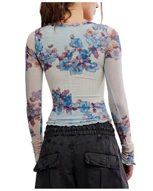 Free People Lilly Printed Long Sleeve Top - Frost Combo