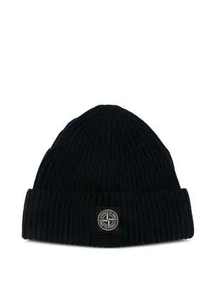 Stone Island Ribbed Wool Beanie With Compass Logo Patch - Blu