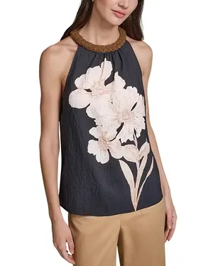 Karl Lagerfeld Paris Embellished Neck Floral Print Top - Midnight/ Navy