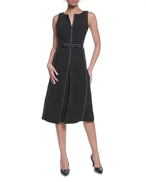 Karl Lagerfeld Paris Contrast Stitch Belted Midi Dress - Black