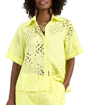 Trina Turk Triennale Top Eyelet Button-down Cotton Shirt - Citrus