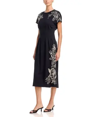 Johnny Was Pleated Waist Cotton Knit Short Sleeve Dress - Black