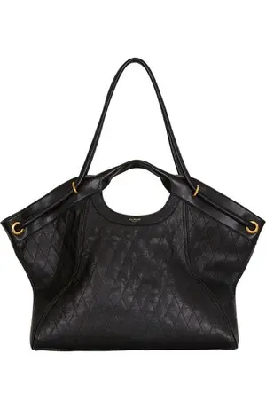 Balmain Large Tote In Topstitched Leather - Black