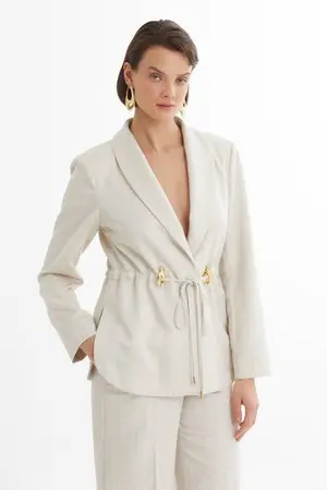 GIZIA Ecru Shawl Collar Drawstring Waist Blazer And Pants Set