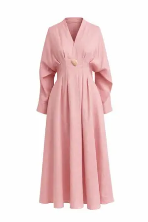 EXQUISE Garlyn Slim V-neck Long Sleeve Linen Midi Dress