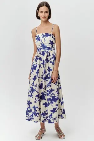 EXQUISE Strapless Smocked Floral Midi Dress