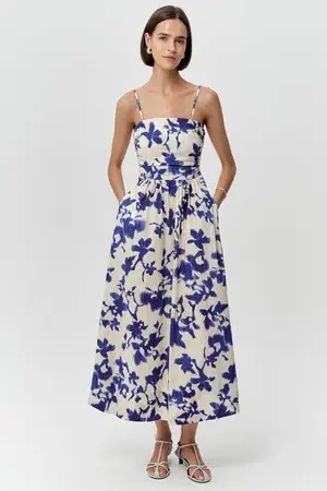 EXQUISE Strapless Smocked Floral Midi Dress