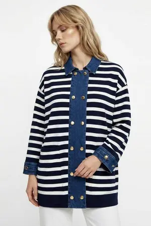 EXQUISE Gaetan Long Sleeve Striped Knit Cardigan