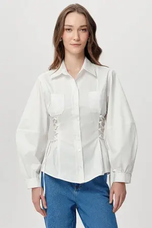 EXQUISE Fitted Waist Balloon Sleeve Shirt - Bone