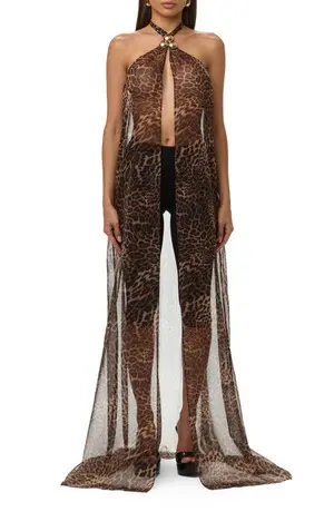 Naked Wardrobe Leopard Print Halter Chiffon Tunic Top - Spotted Leopard