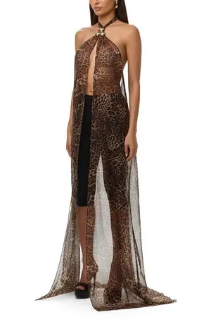Naked Wardrobe Leopard Print Halter Chiffon Tunic Top