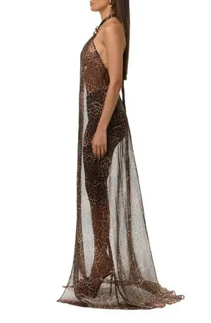 Naked Wardrobe Leopard Print Halter Chiffon Tunic Top