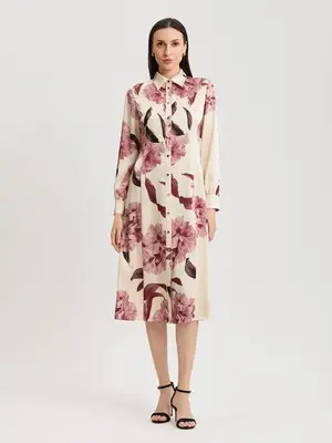 Misook Floral Crepe De Chine Midi Shirtdress - Honeysuckle/russet/charmeuse