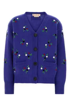 Marni Embroidered Wool Blend Cardigan - Blue