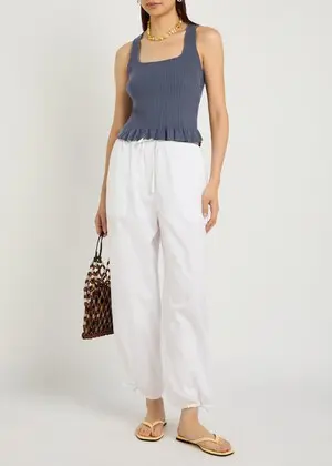Paige Bronwyn Ribbed Cotton-blend Tank With Ruffled Hem - Navy