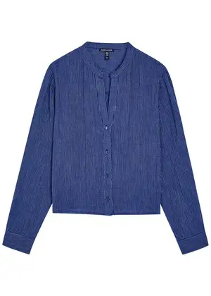 Eileen Fisher Striped Organic Cotton Blouse With Mandarin Collar