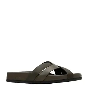 TOM FORD Grain Leather Criss-cross Strap Slippers - Dark Moss