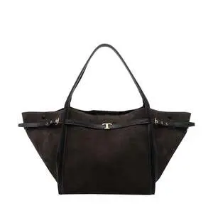 TOD'S Medium Suede T Signature Shopping Bag - Brown