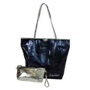 Carlos Falchi Microfiber Python Tote Navy W/ Silver Pouch - Blue