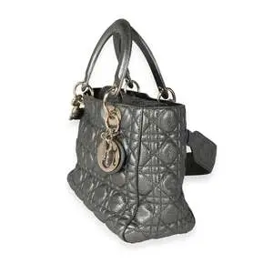 Dior Metallic Silver Cannage Leather Lady Tote - Green