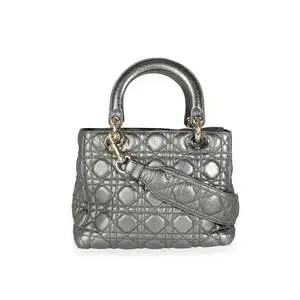 Dior Metallic Silver Cannage Leather Lady Tote - Green
