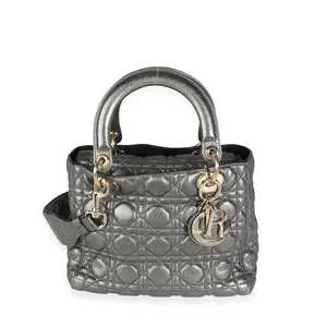 Dior Metallic Silver Cannage Leather Lady Tote - Green