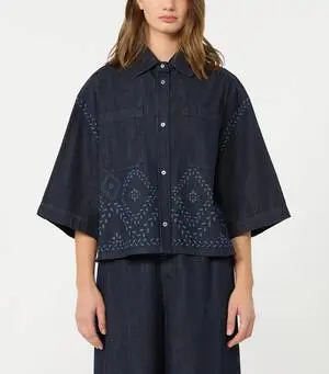 Max Mara Alare Cropped Denim Shirt With Laser-cut Detailing - Navy