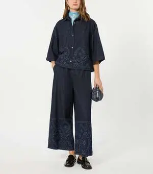 Max Mara Alare Cropped Denim Shirt With Laser-cut Detailing - Navy