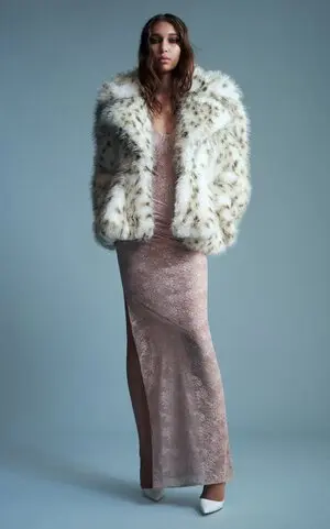 Alex Perry Contoured Snow Leopard Faux Fur Jacket