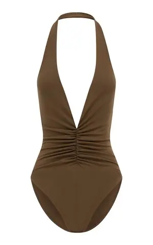 Alex Perry Halter Ruched Powermesh Bodysuit - Bronze