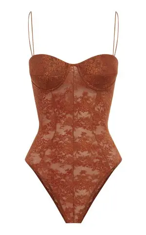 Alex Perry Cupped Sheer Stretch Lace Bodysuit - Orange