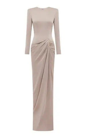 Alex Perry Long Sleeve Draped Satin Crepe Gown - Silver