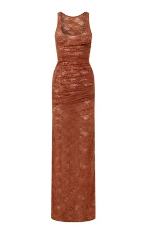 Alex Perry Singlet Sheer Stretch Lace Column Maxi Dress - Orange