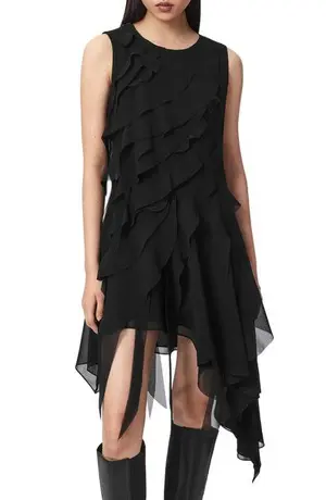 ALLSAINTS Angie Ruffled Asymmetrical Handkerchief Hem Dress
