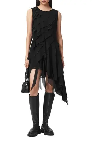 ALLSAINTS Angie Ruffled Asymmetrical Handkerchief Hem Dress