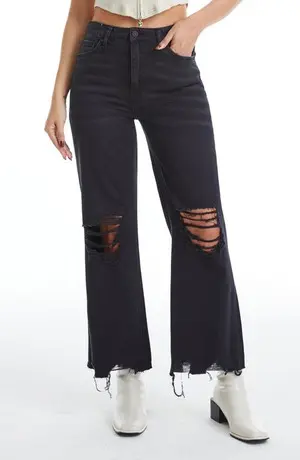 BAYEAS High Waist Flare Jeans With Distressed Details - Black Rock