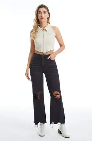 BAYEAS High Waist Flare Jeans With Distressed Details - Black Rock