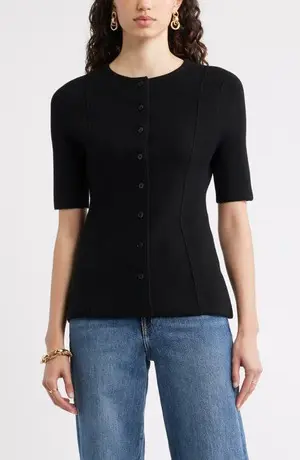 Nordstrom Crewneck Elbow Sleeve Cardigan - Black