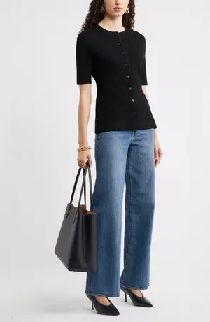 Nordstrom Crewneck Elbow Sleeve Button-up Cardigan - Black
