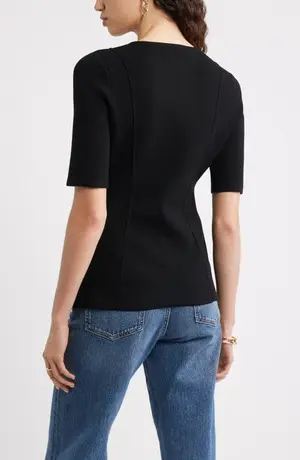 Nordstrom Crewneck Elbow Sleeve Button-up Cardigan - Black