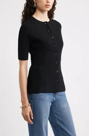 Nordstrom Crewneck Elbow Sleeve Button-up Cardigan - Black