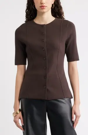 Nordstrom Crewneck Elbow Sleeve Cardigan - Brown Mole