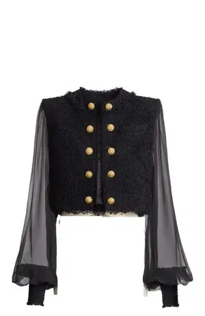 Balmain Cropped Tweed And Muslin Jacket With Decorative Buttons