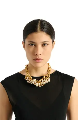 Balmain Sync Necklace In Brass And Pearls