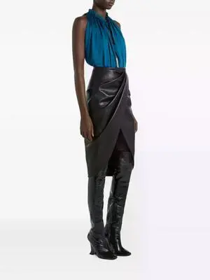 Balmain Draped Lambskin Midi Skirt - Black