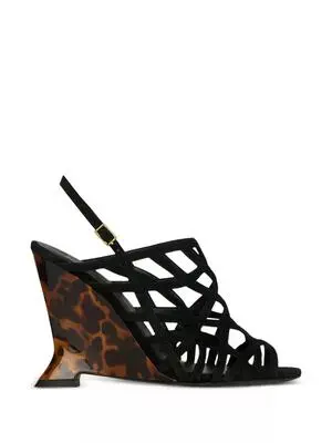 Balmain Wedge Cage Sandals In Suede - Black