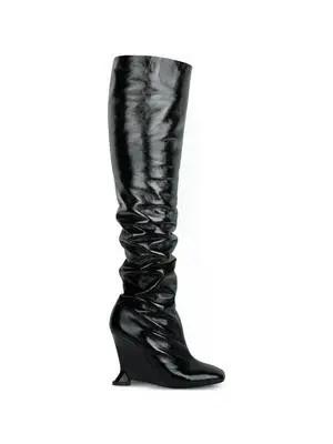 Balmain Thigh-high Wedge Boots In Crinkled Patent Leather