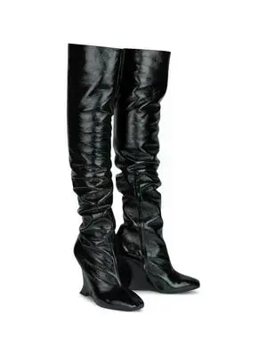 Balmain Thigh-high Wedge Boots In Crinkled Patent Leather