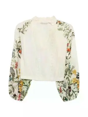 Alice + Olivia Floral Print Lace Trim Cropped Top - White